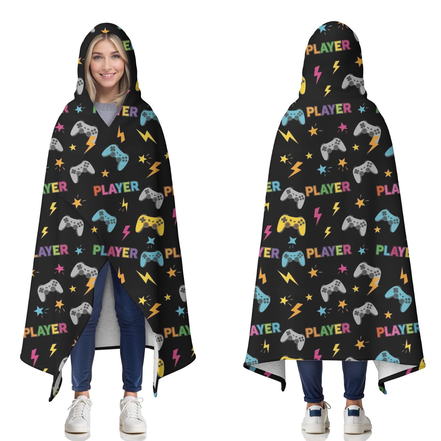 Wearable Blanket,Colorful Controllers Games Icons Black Pattern Hooded ...
