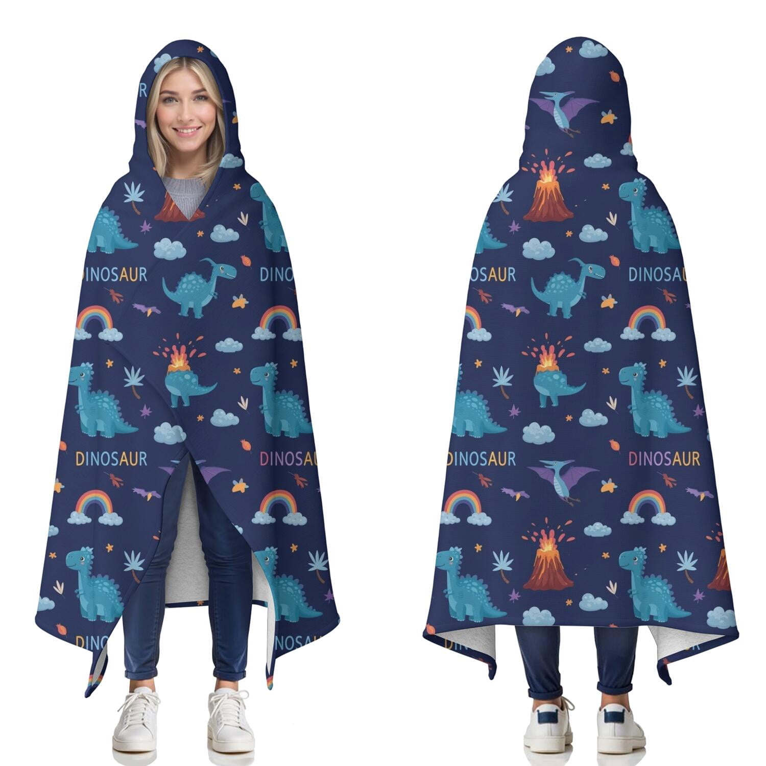Wearable Blanket,Dark Blue Dinosaur Volcano Pattern Hooded Wearable ...