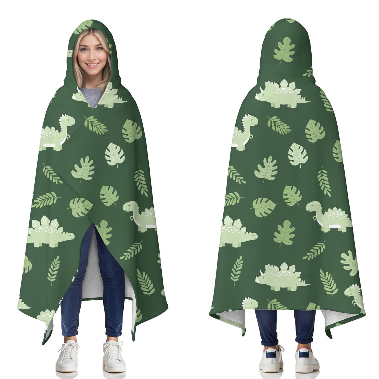 Wearable Blanket,DarkGreen Cartoon Dinosaurs Leaves Pattern Hooded ...
