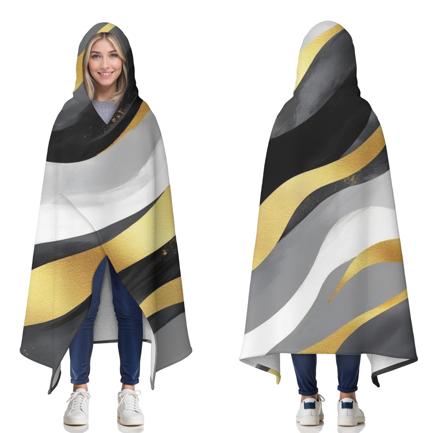 Wearable Blanket,Gray and Gold Marble Ink Waves Pattern Hooded Wearable ...