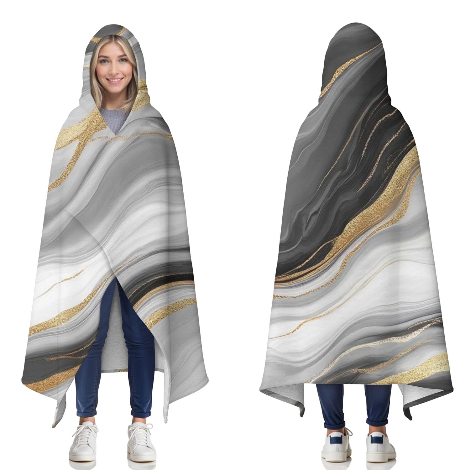 Wearable Blanket,Gray White Marble Gold Wave Pattern Hooded Wearable ...
