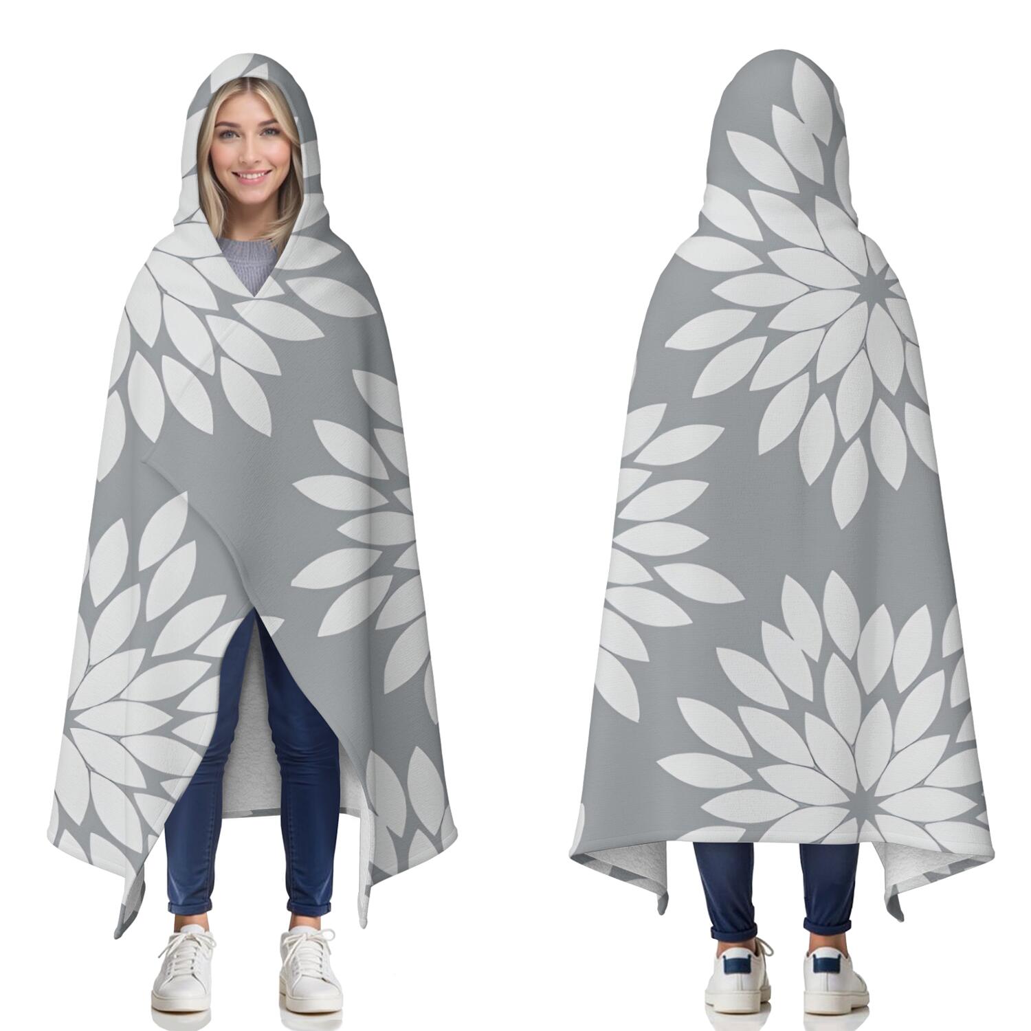 Wearable Blanket,Gray and White Floral Pattern Hooded Wearable Sherpa ...
