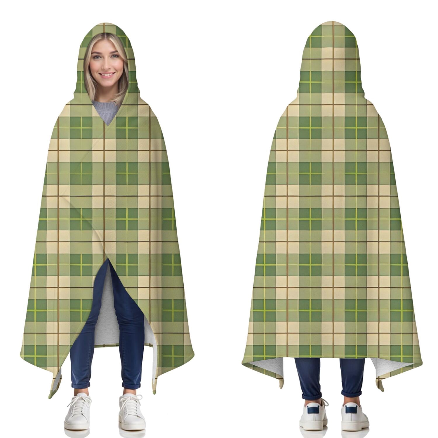Wearable Blanket,Green Beige Checkerboard Checkered Pattern Hooded ...