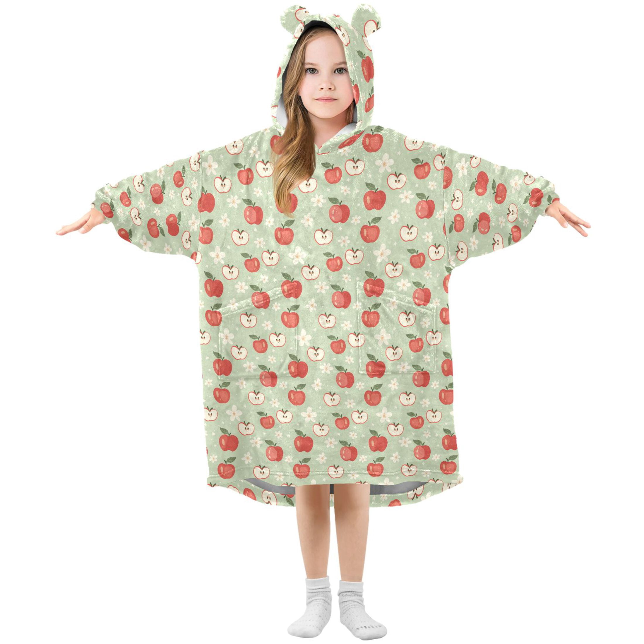 Wearable Blanket Hoodie for Kids Apple Flower Flannel Hooded Blanket ...
