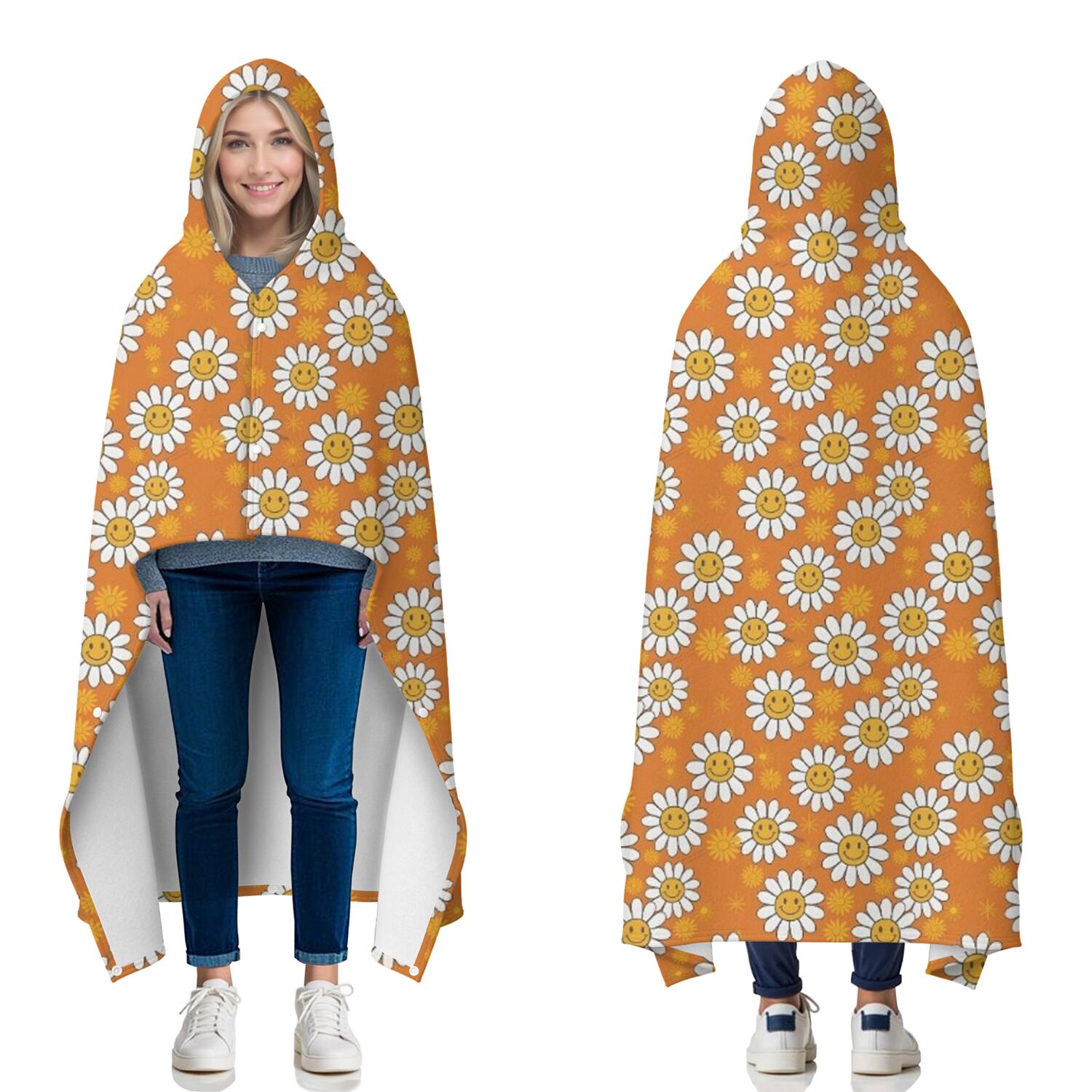 Wearable Blanket,Orange Daisy Flower Smiley Faces Pattern Hooded ...