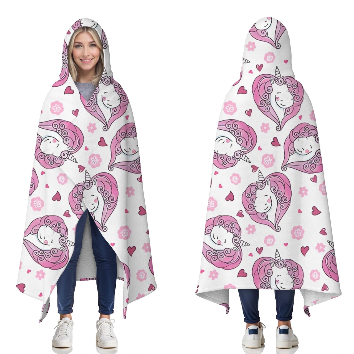Wearable Blanket,Pink Cartoon Unicorn Heart Flower Pattern Hooded ...
