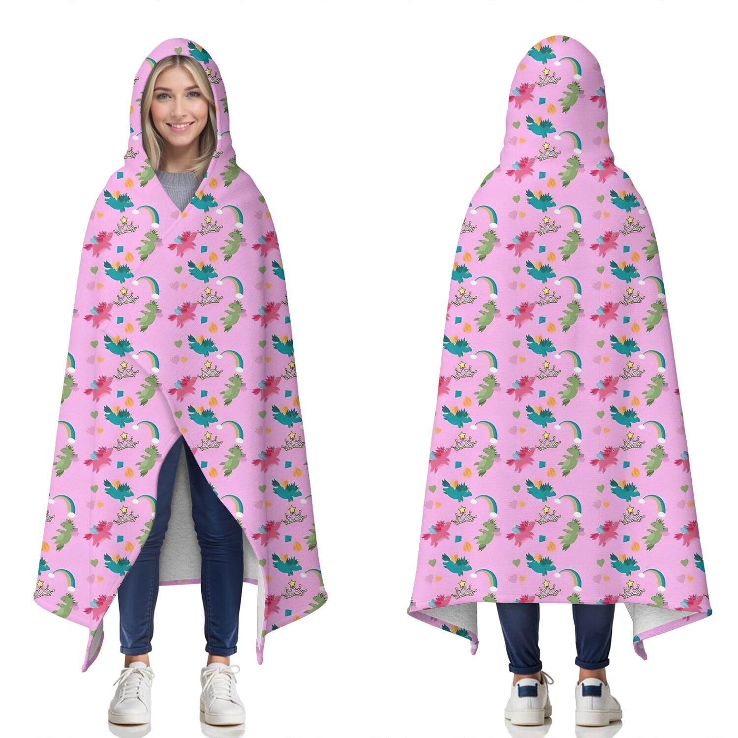 Wearable Blanket,Pink Cartoon Unicorn Rainbow Heart Pattern Hooded ...