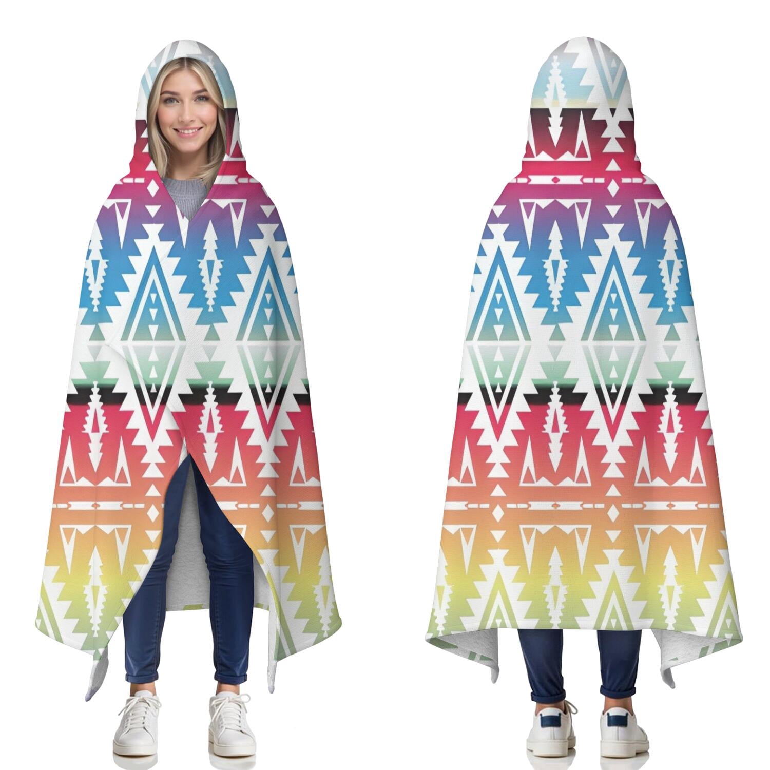 Wearable Blanket,Rainbow Ethnic Pattern Hooded Wearable Sherpa Blanket ...