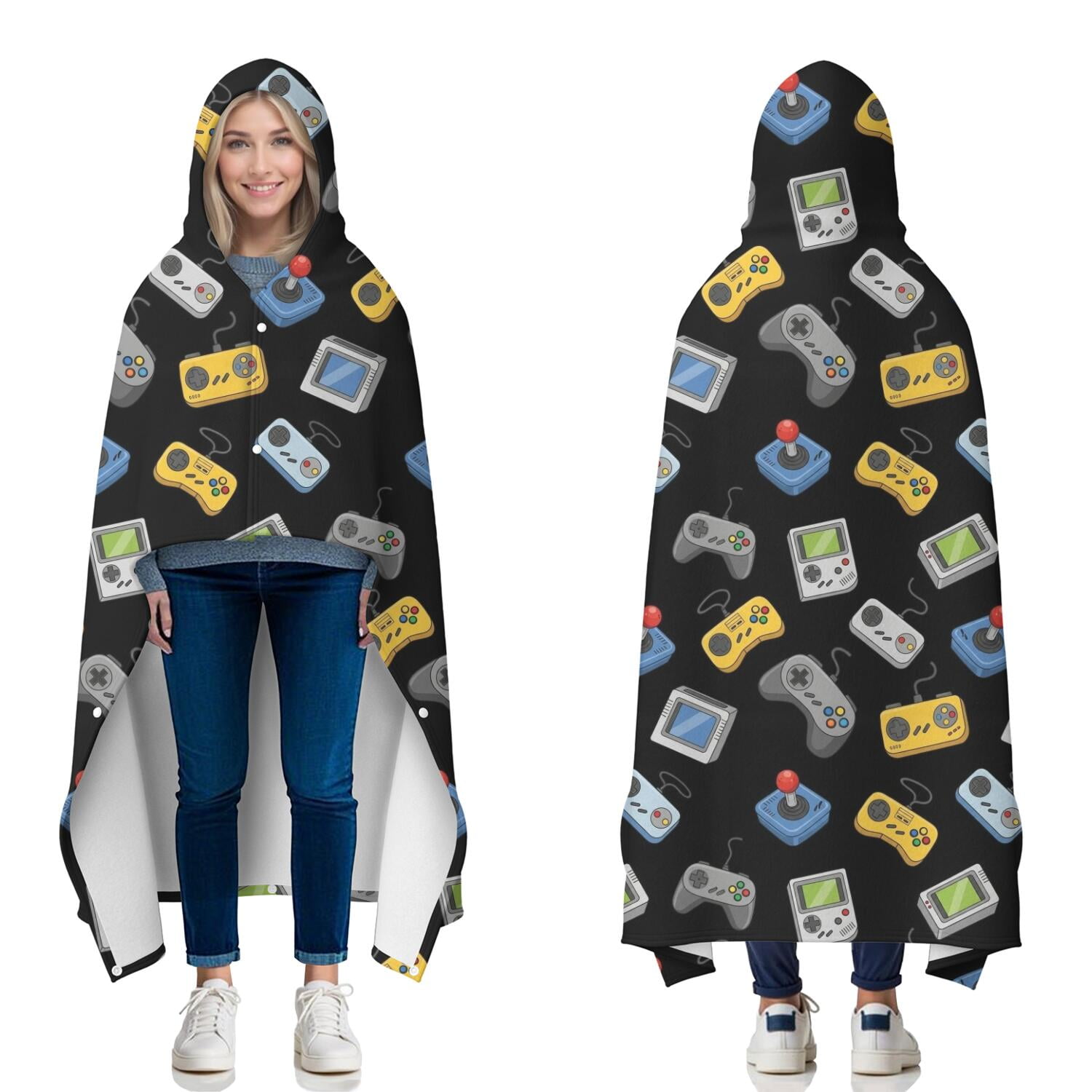 Wearable Blanket,Retro Consoles Games Icons Black Pattern Hooded ...