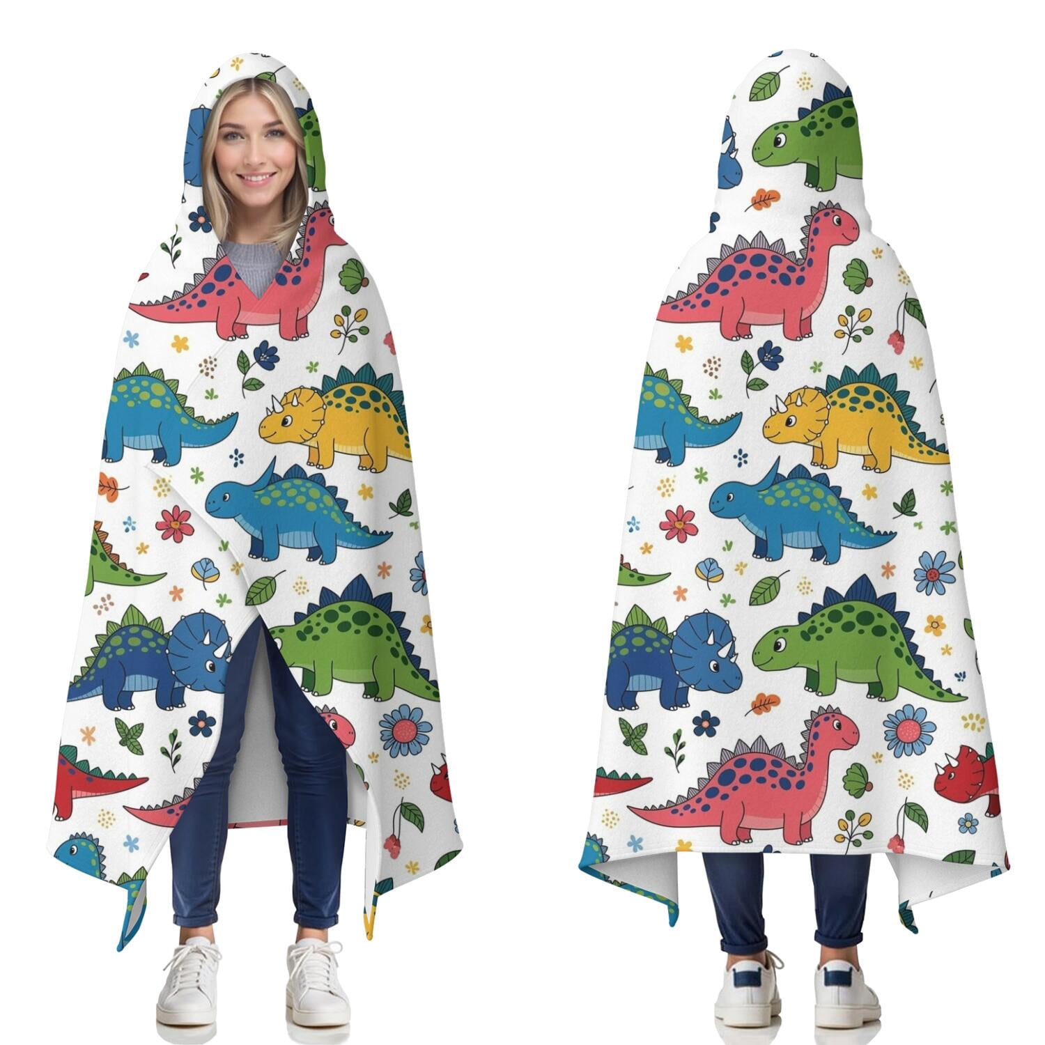 Wearable Blanket,White Cartoon Dinosaurs Flowers Pattern Hooded ...
