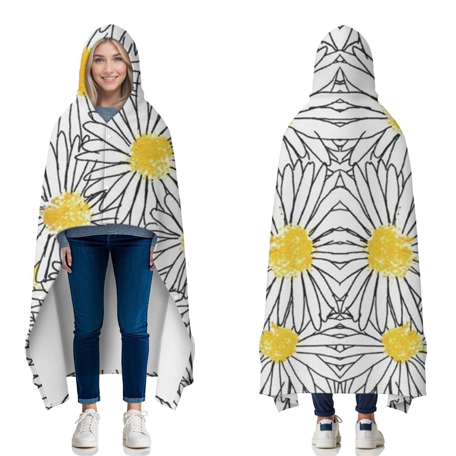 Wearable Blanket,White Daisy Flower Black Lines Pattern Hooded Wearable ...