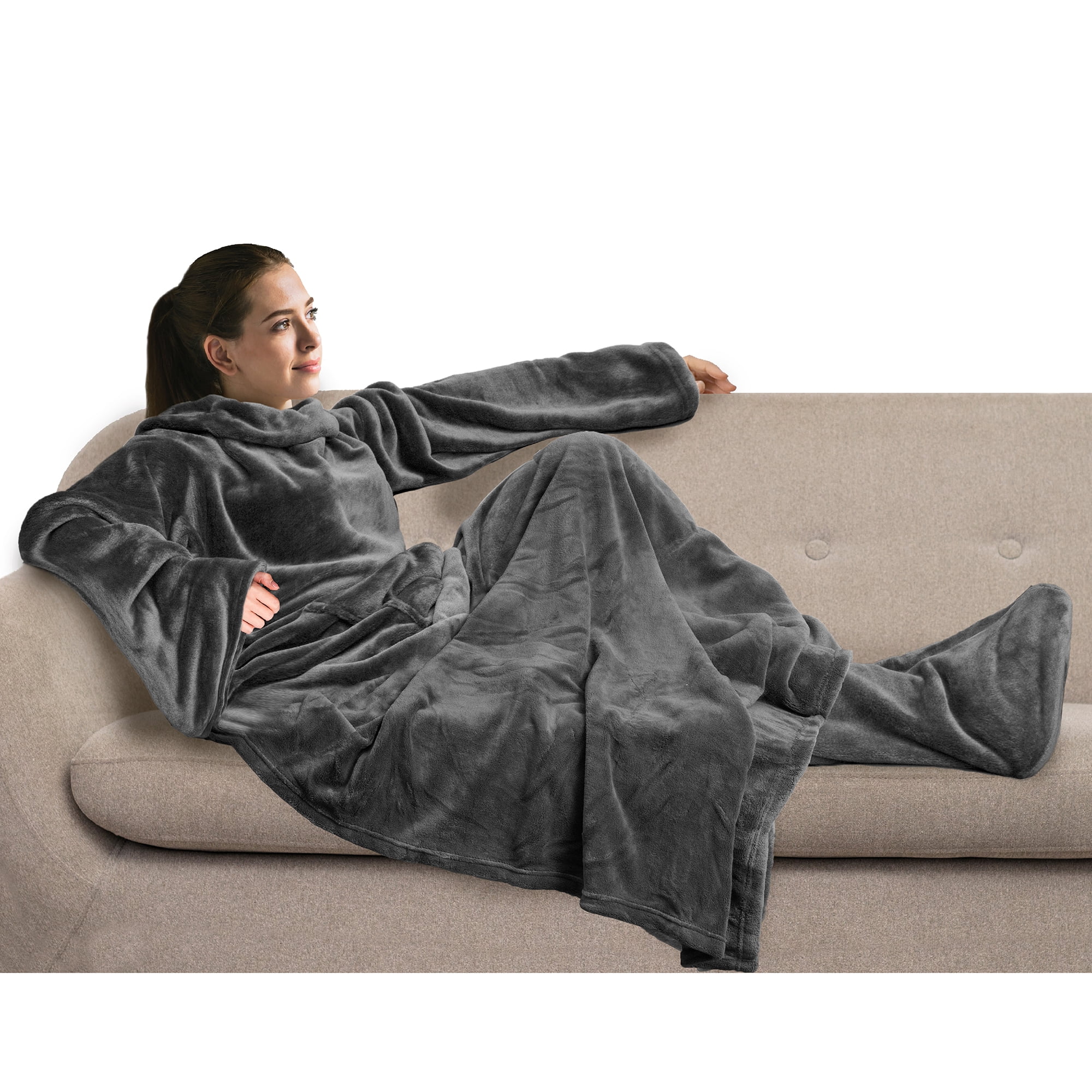 Wearable Blanket with Foot Pocket Sleeves Soft Fleece Wrap for Sofa ...