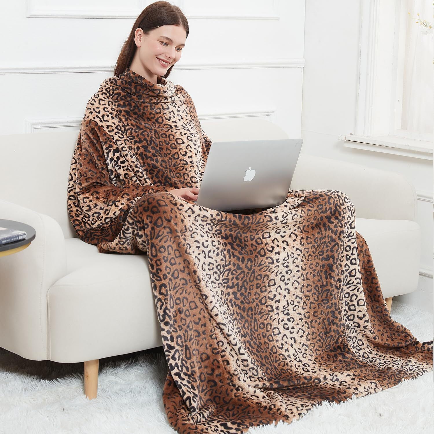 Wearable Fleece Blanket with Sleeves & Foot Pocket for Adult Women Men ...