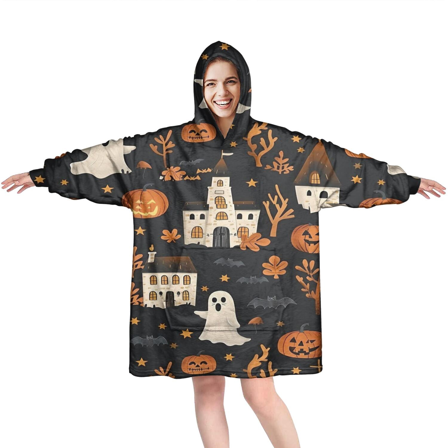 Wearable Oversized Blanket,Autumn Halloween Scene Pattern Wearable ...