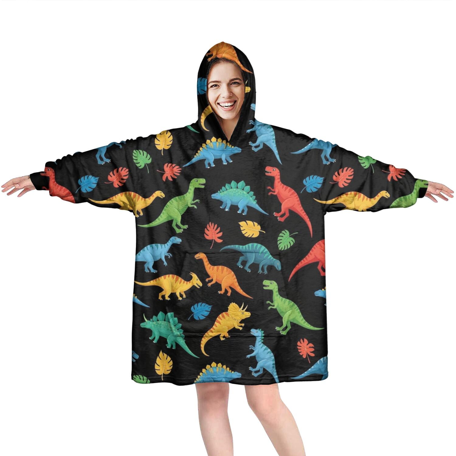 Wearable Oversized Blanket,Black Cartoon Dinosaurs Colorful Leaves ...