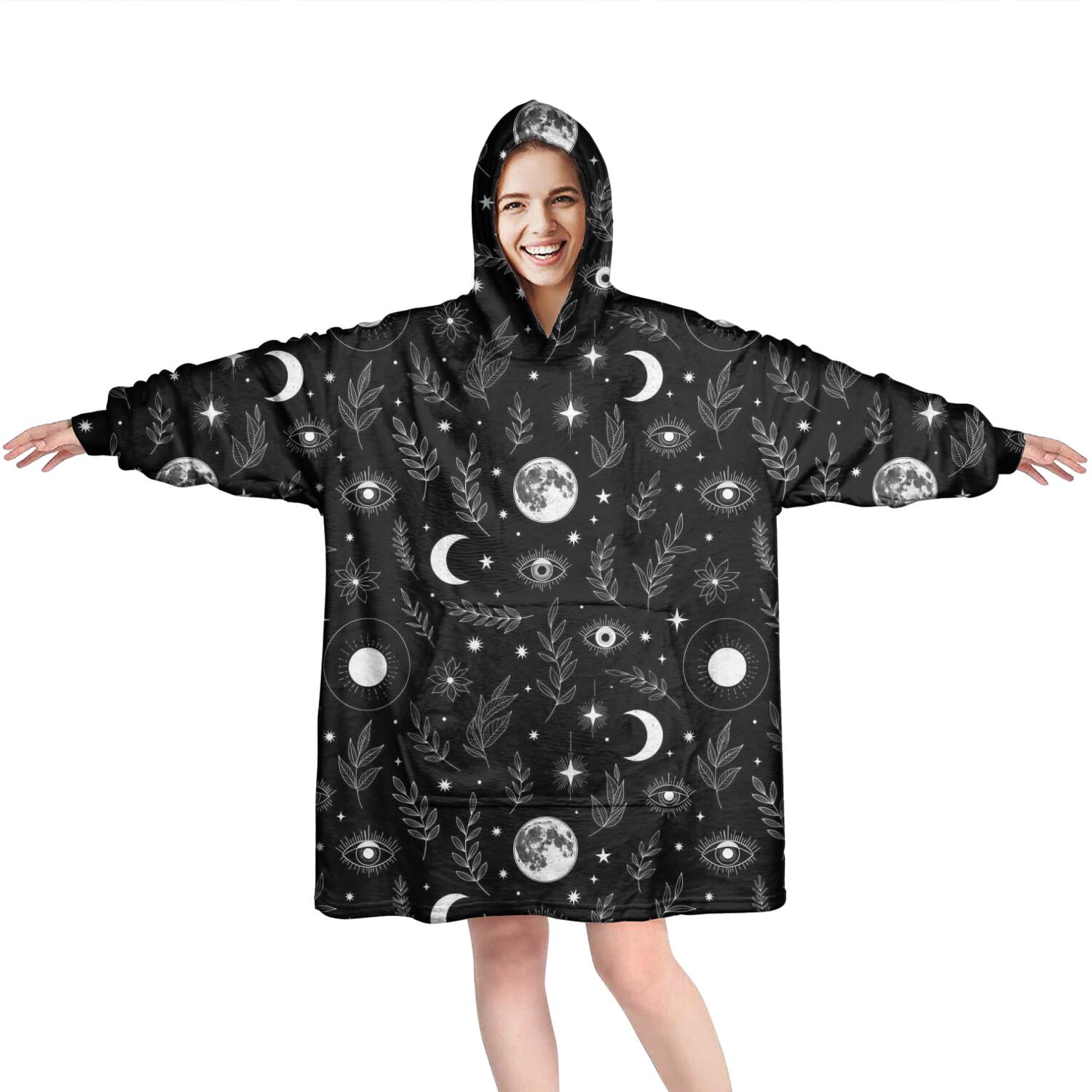 Wearable Oversized Blanket,Black White Moon Leaf Eye Star Pattern ...