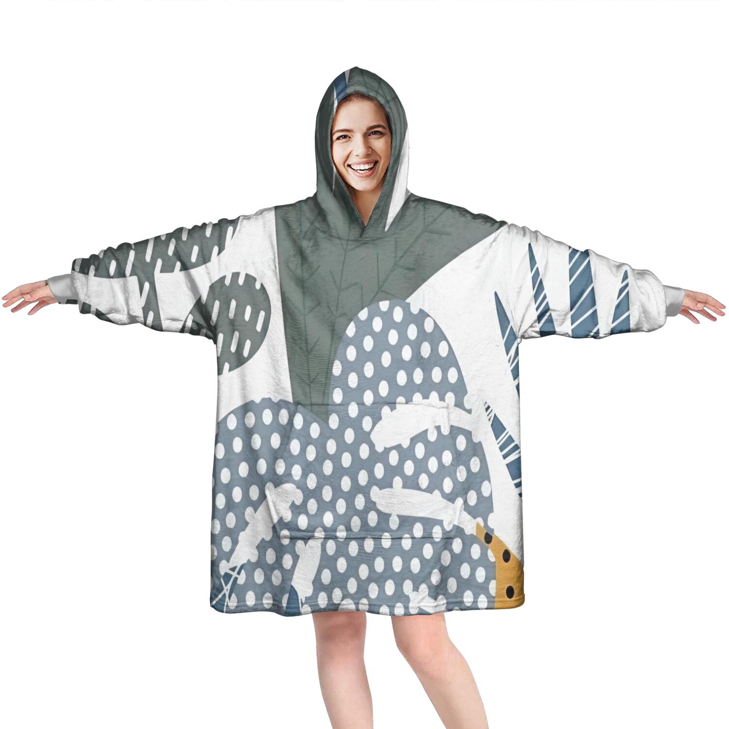 Wearable Oversized Blanket,Blue Boho Plant Pattern Wearable Blanket ...