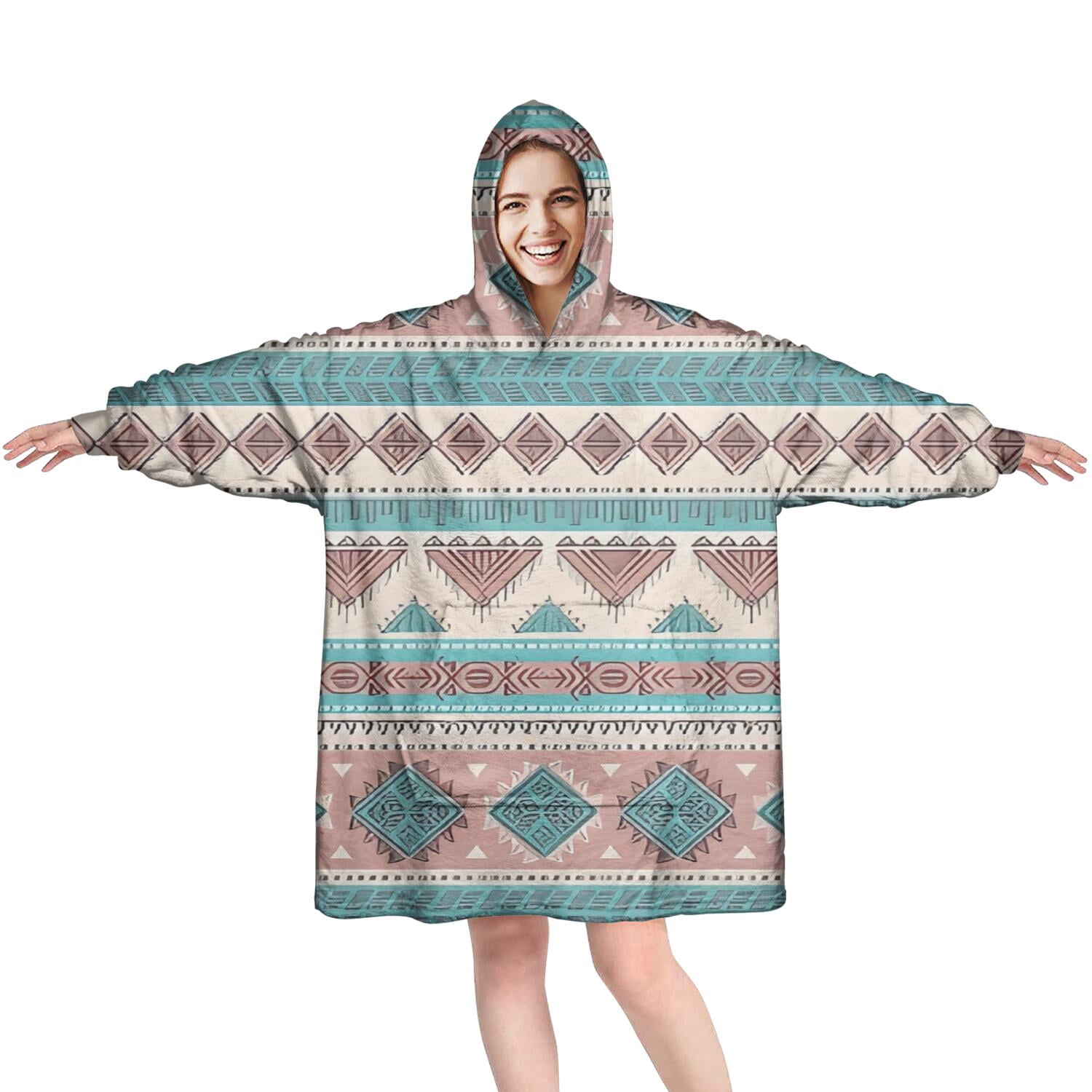 Wearable Oversized Blanket,Blue and Pink Diamond Shaped Boho Pattern ...