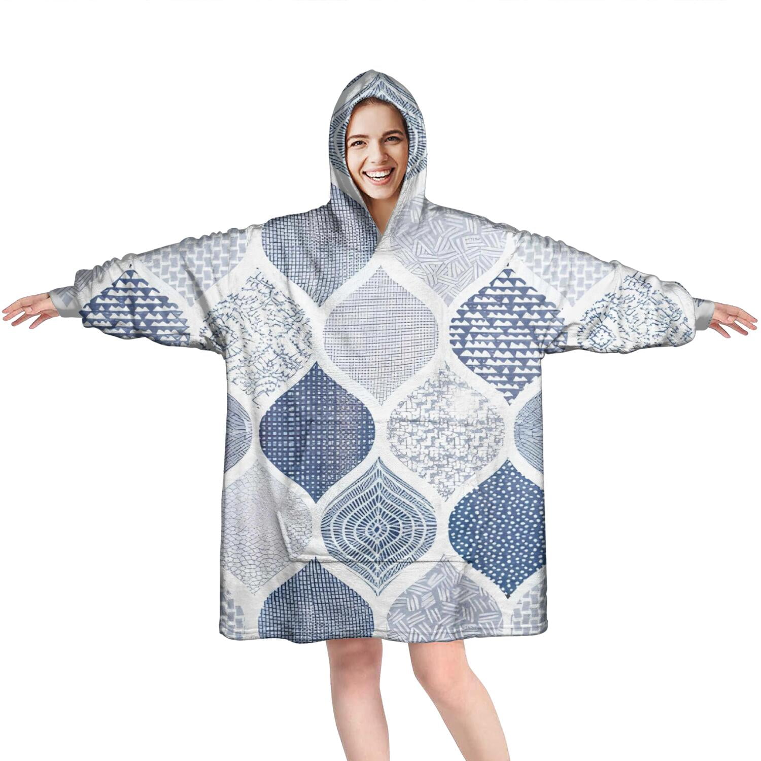 Wearable Oversized Blanket,Blue and White Geometric Quatrefoil Pattern ...