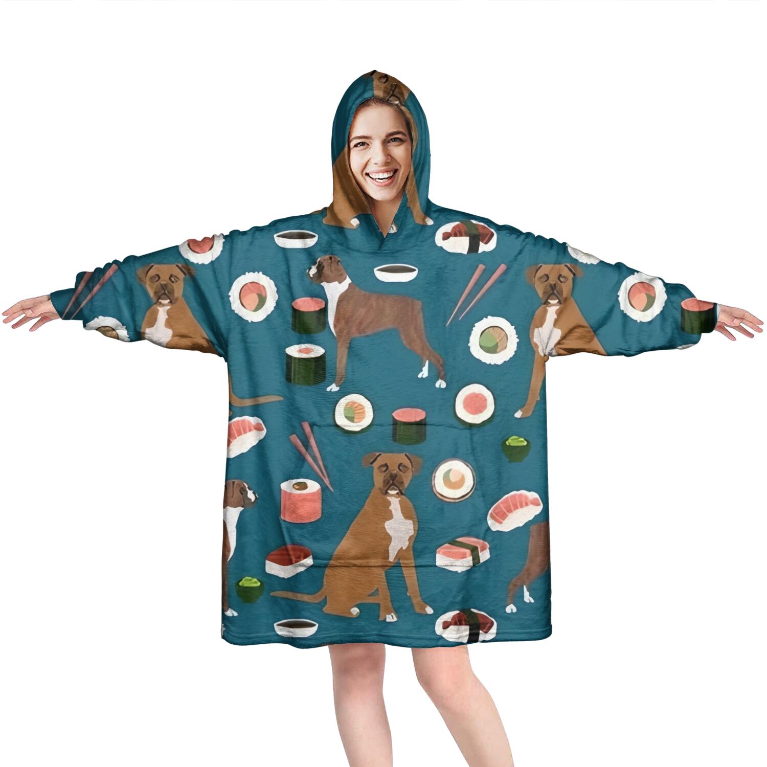 Wearable Oversized Blanket,Boxer Dog Pitbull Terriers Dog and Sushi ...