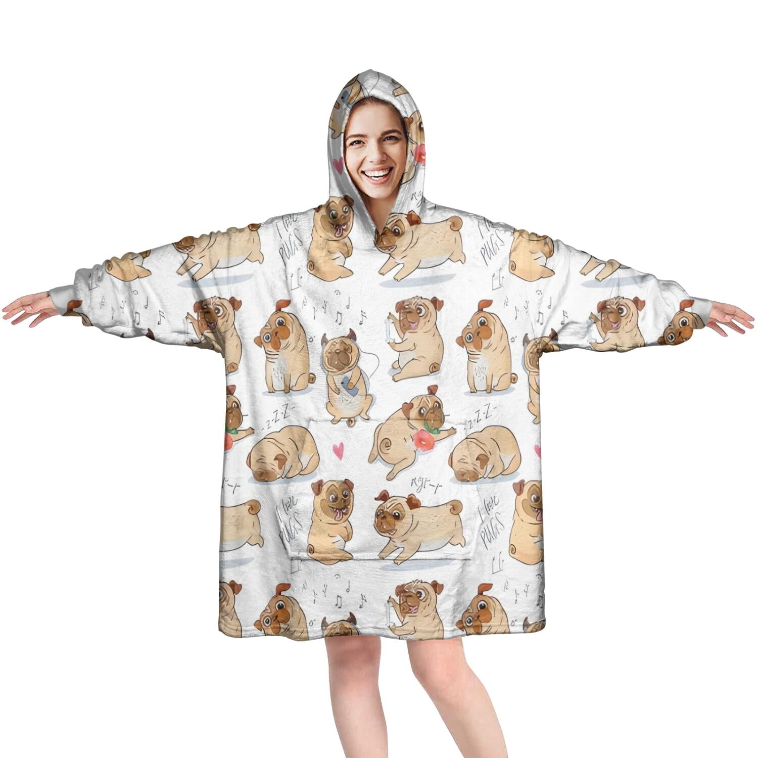 Wearable Oversized Blanket,Cartoon Pug and Heart Wearable Blanket ...