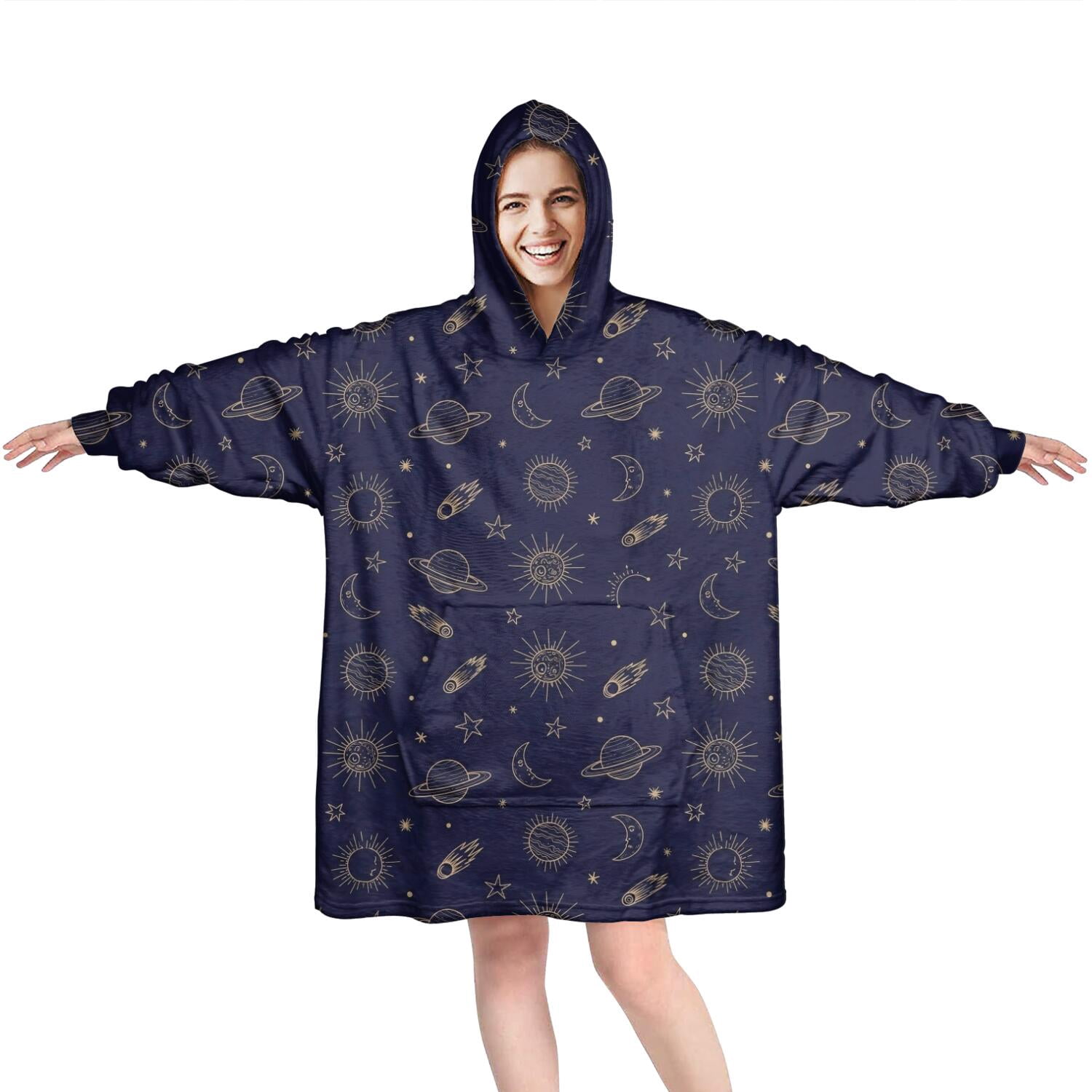 Wearable Oversized Blanket,Dark Blue Star Moon Sun Planet Rocket ...