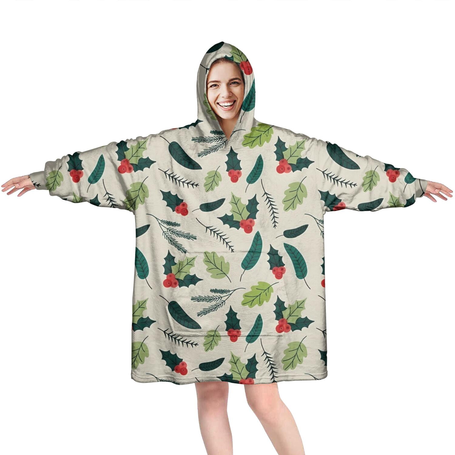 Wearable Oversized Blanket,Green and Red Christmas Holly Pattern ...