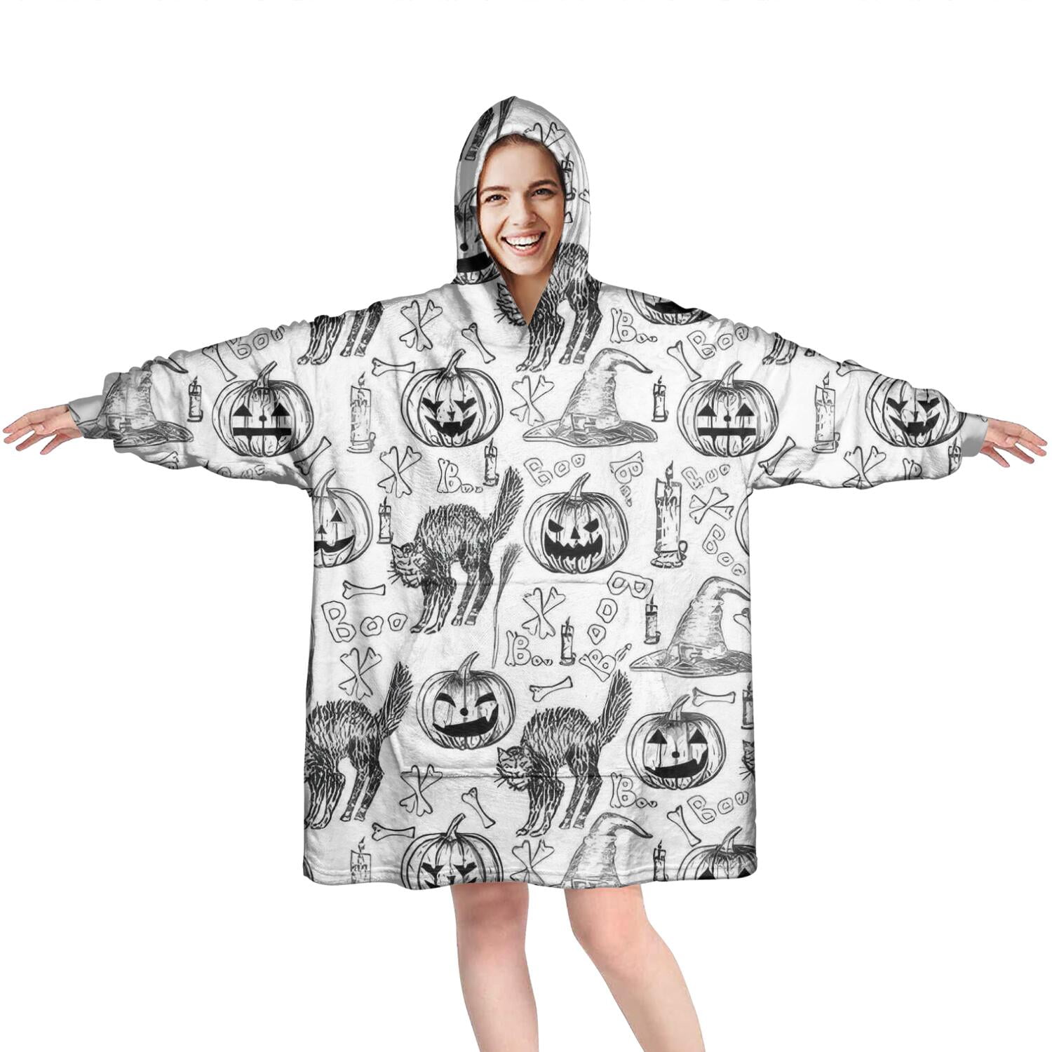 Wearable Oversized Blanket,Halloween Doodle Icons Pattern Wearable ...