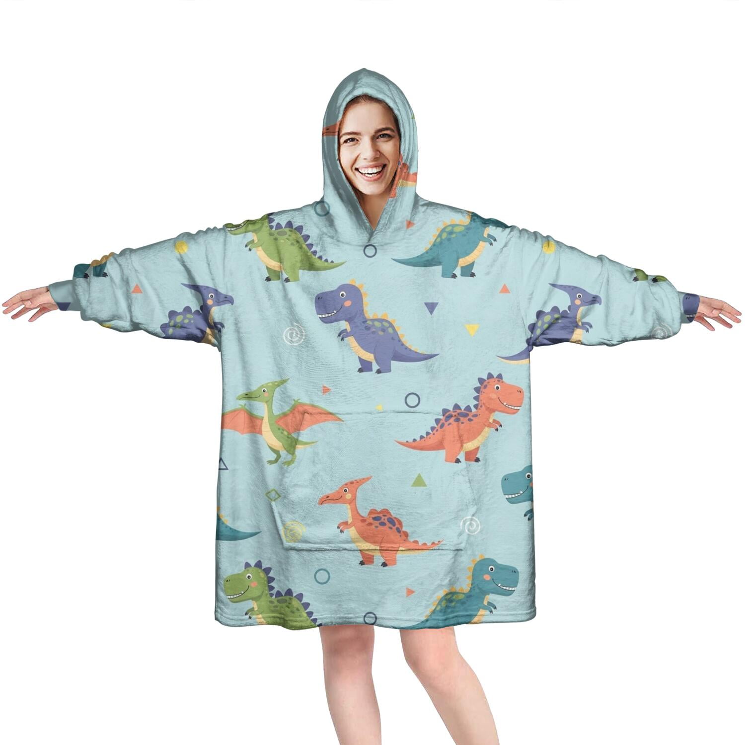 Wearable Oversized Blanket,LightBlue Cartoon Dinosaurs Geometric ...