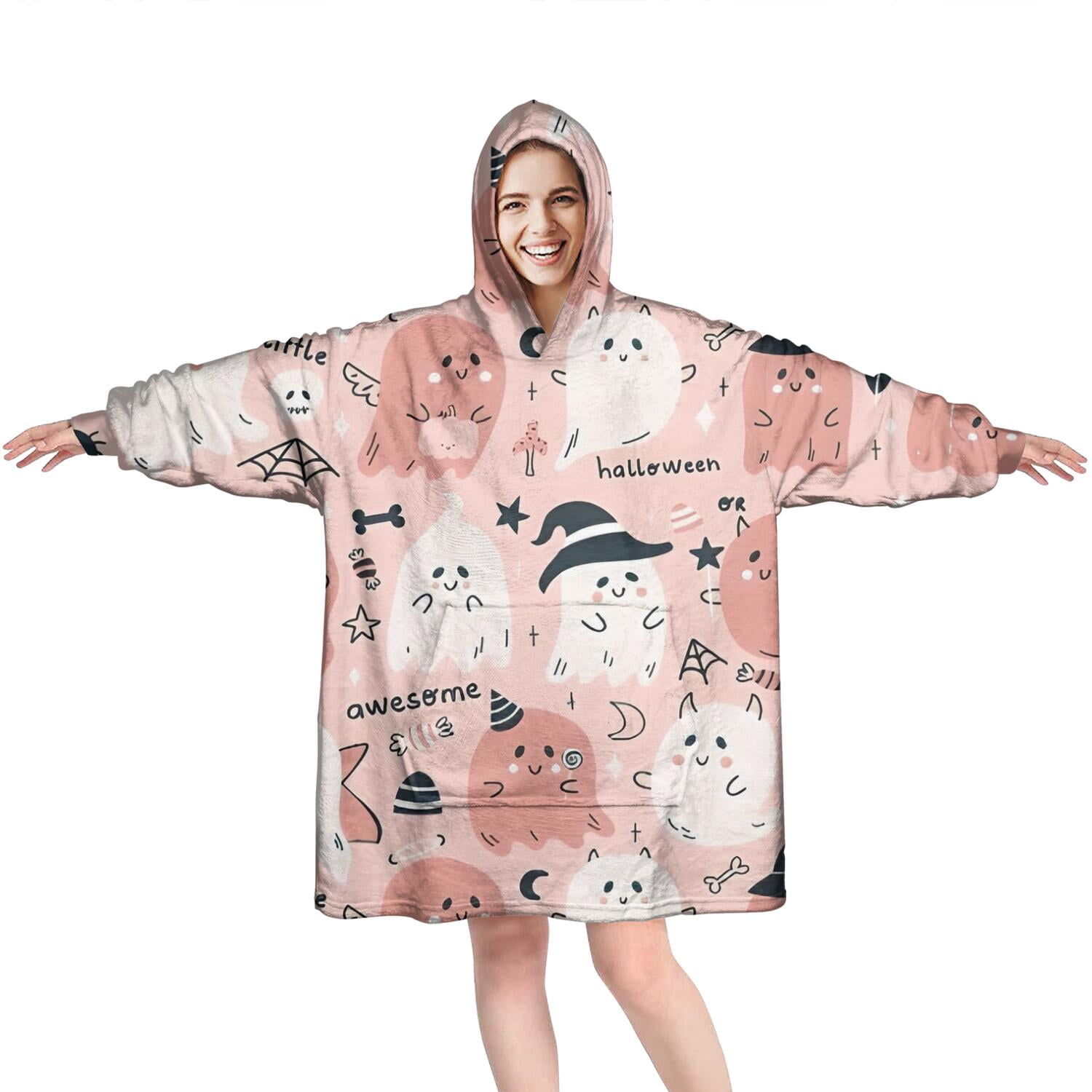 Wearable Oversized Blanket,Pink Hued Cute Halloween Ghosts Pattern ...