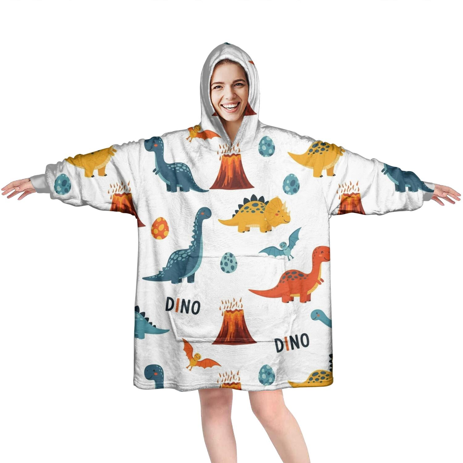 Wearable Oversized Blanket,White Dinosaurs Volcanoes Names Pattern ...