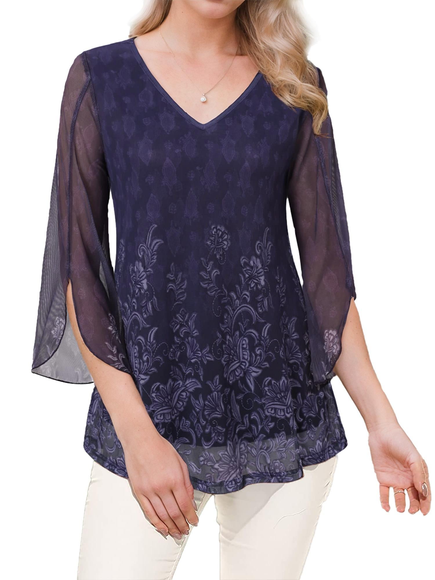 Weardear 3/4 Length Ruffle Sleeve Womens Tops Dressy Business Casual ...