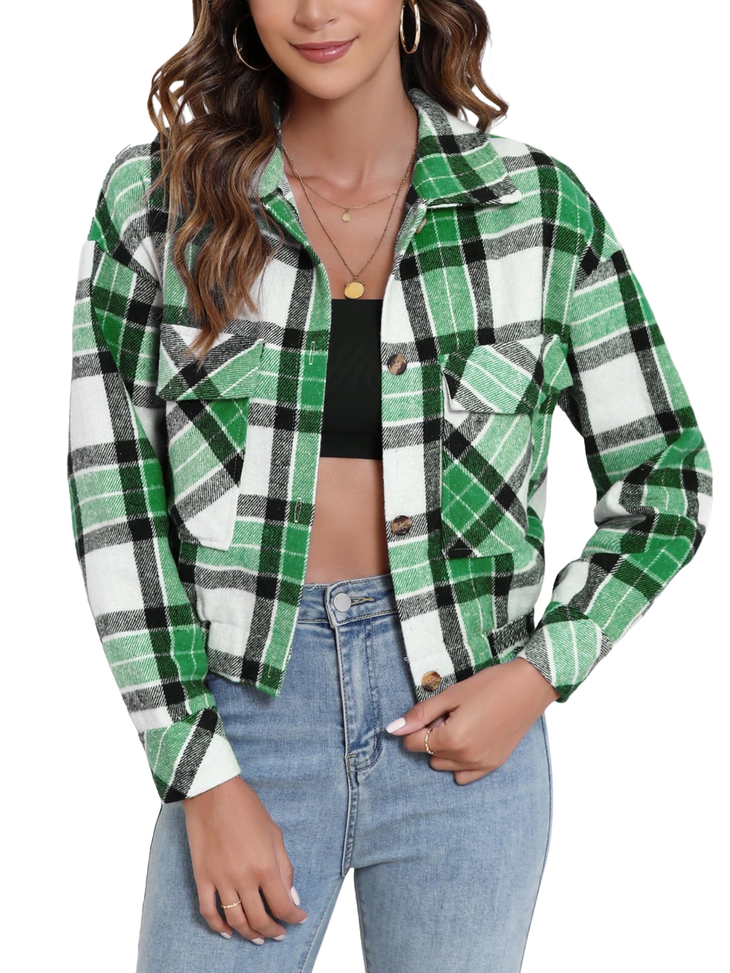 Weardear Cropped Shackets for Women 2024 Flannel Plaid Button Down Long ...