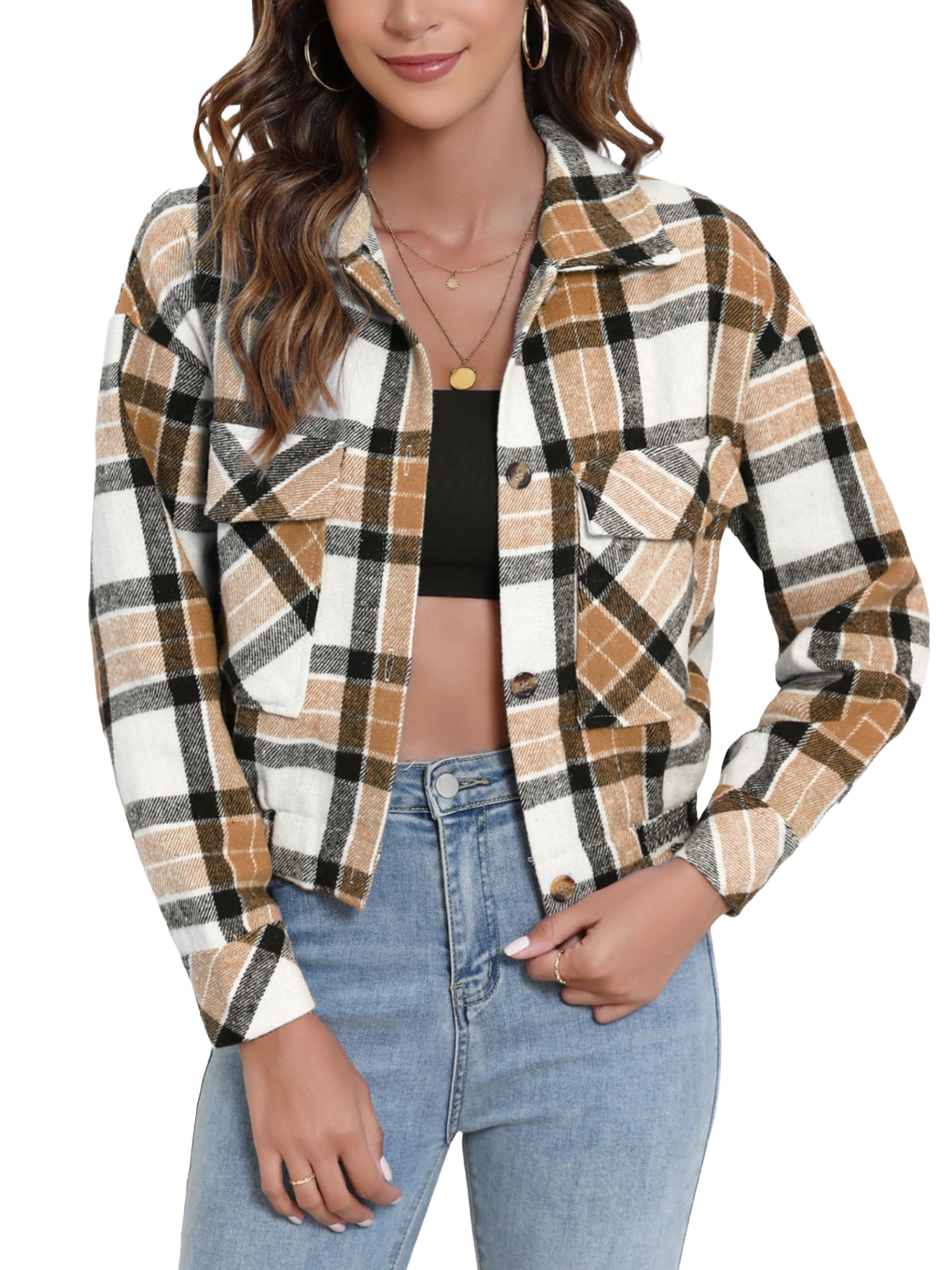 Weardear Cropped Shackets for Women 2024 Flannel Plaid Button Down Long ...