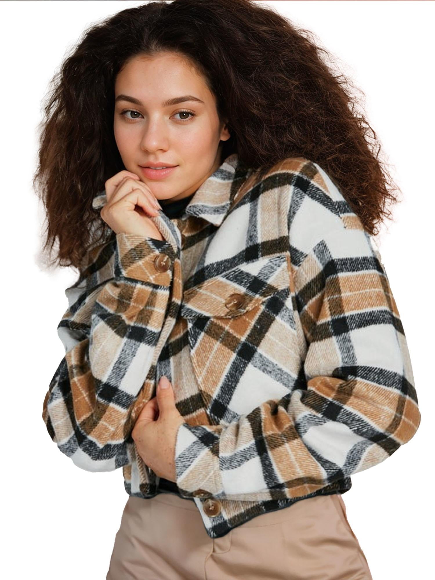 Weardear Cropped Shackets for Women 2024 Flannel Plaid Button Down Long ...