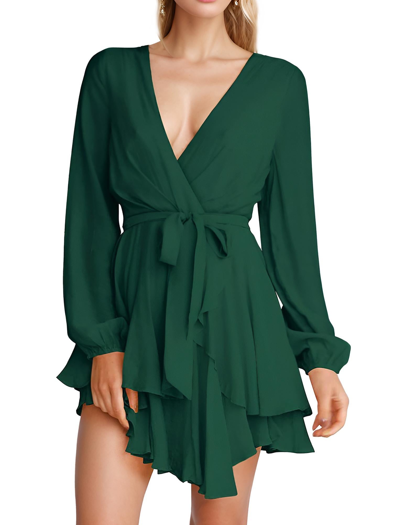 Weardear Holiday Dresses for Women Ruffle Mini Dresses Deep V-Neck Long ...