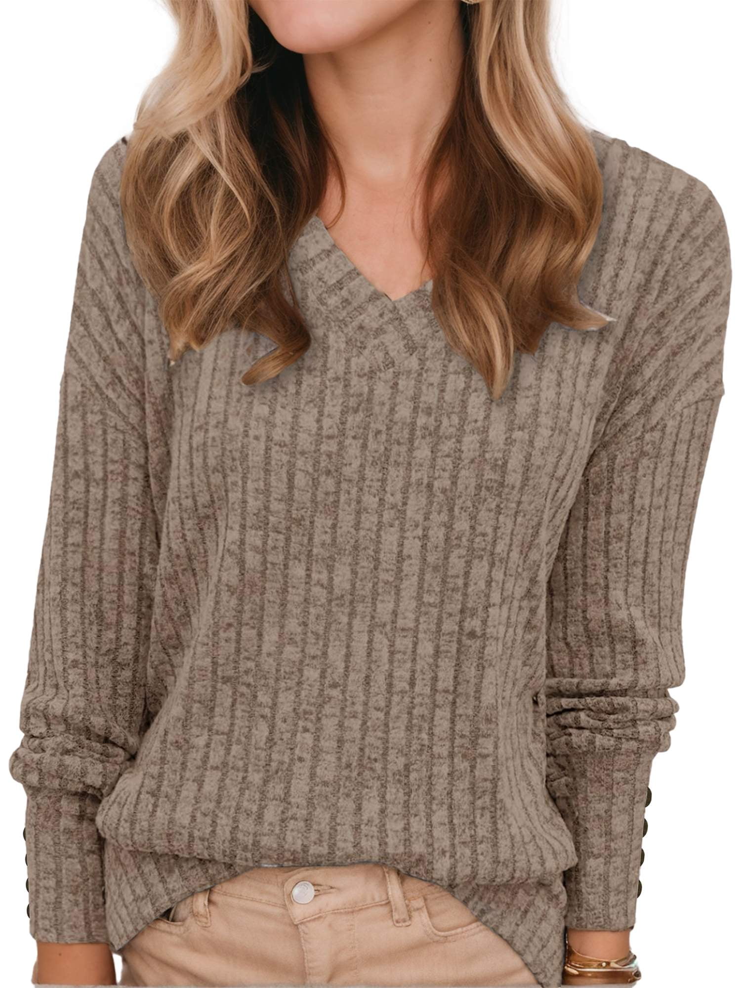 Weardear Womens Lightweight Fall Knit Sweaters Casual V Neck Long ...