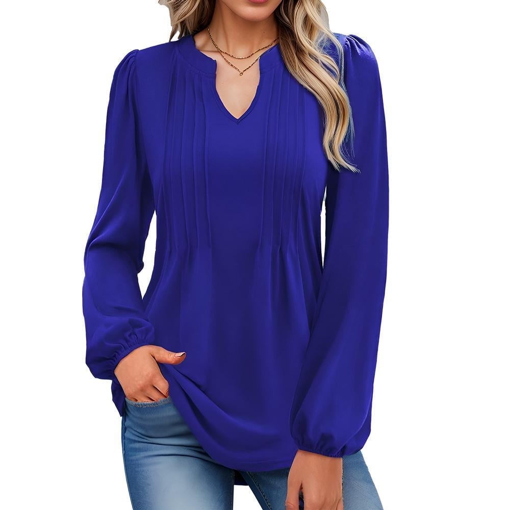 Weardear Women's Puff Long Sleeve Tops Pleated V Neck Fall Tunic Shirts ...