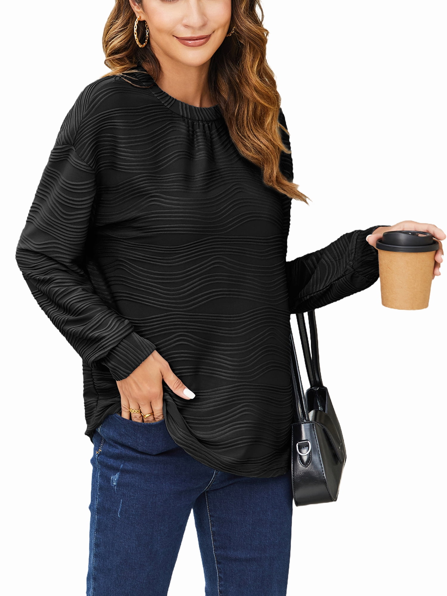 Weardear Women's Crewneck Sweatshirts Solid Color Long Sleeve Casual Tops Textured Tunic ...