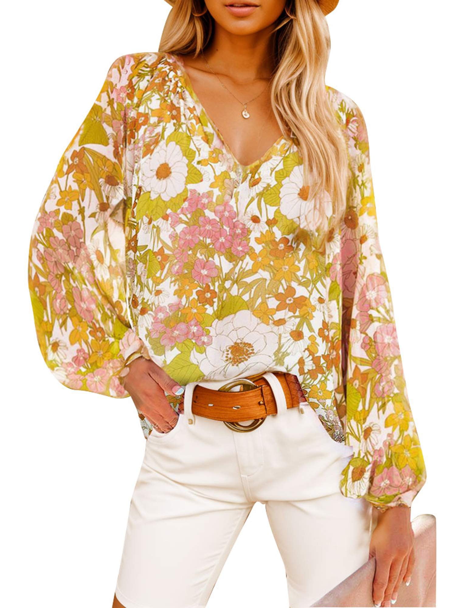 Weardear Women Boho Floral V Neck Dressy Blouses Puff Long Sleeve ...