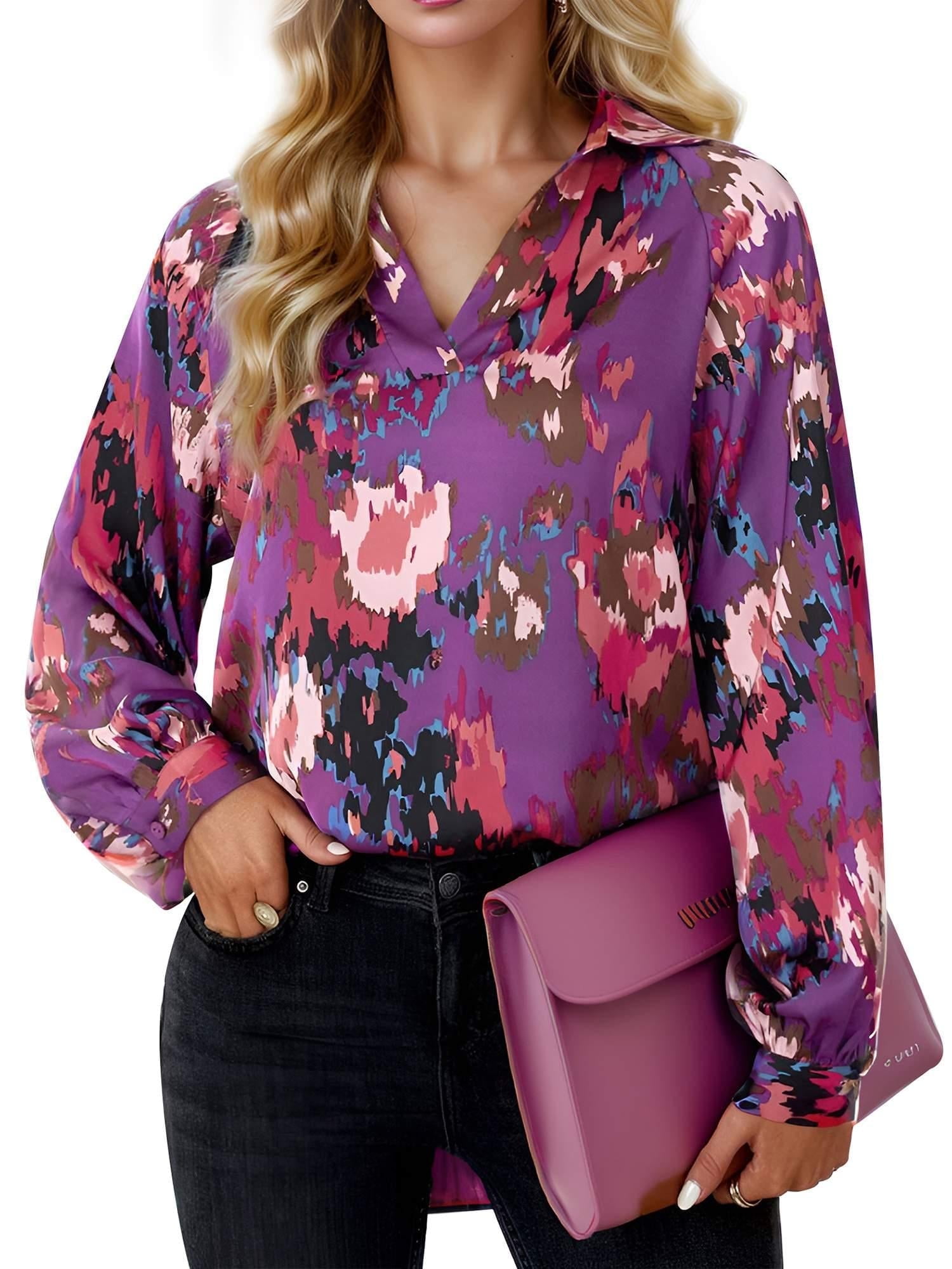 Weardear Women's Casual Lantern Long Sleeve Tops Abstract Print Lapel V ...