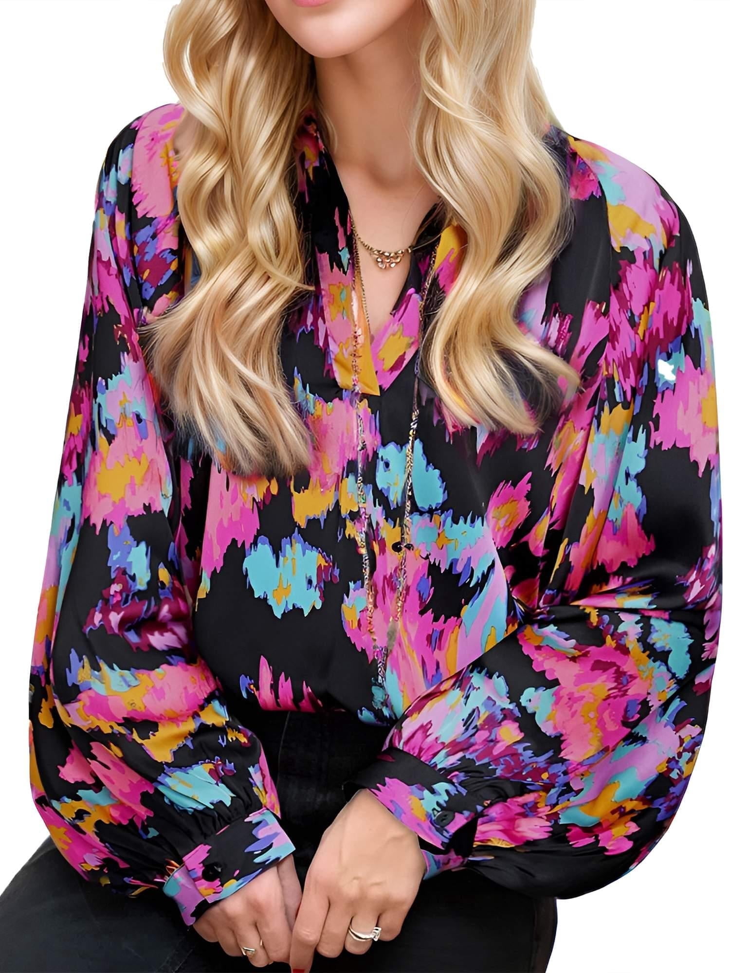 Weardear Women's Casual Lantern Long Sleeve Tops Abstract Print Lapel V ...