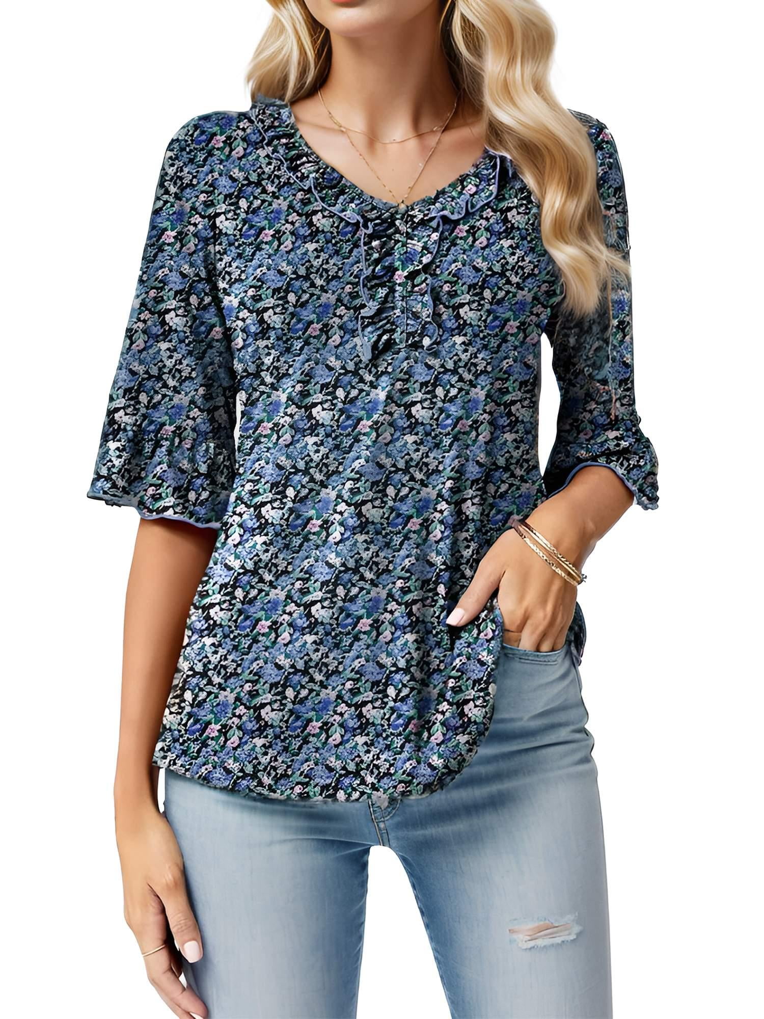 Weardear Women's Dressy Casual V Neck T Shirts Loose Summer 3/4 Sleeve ...