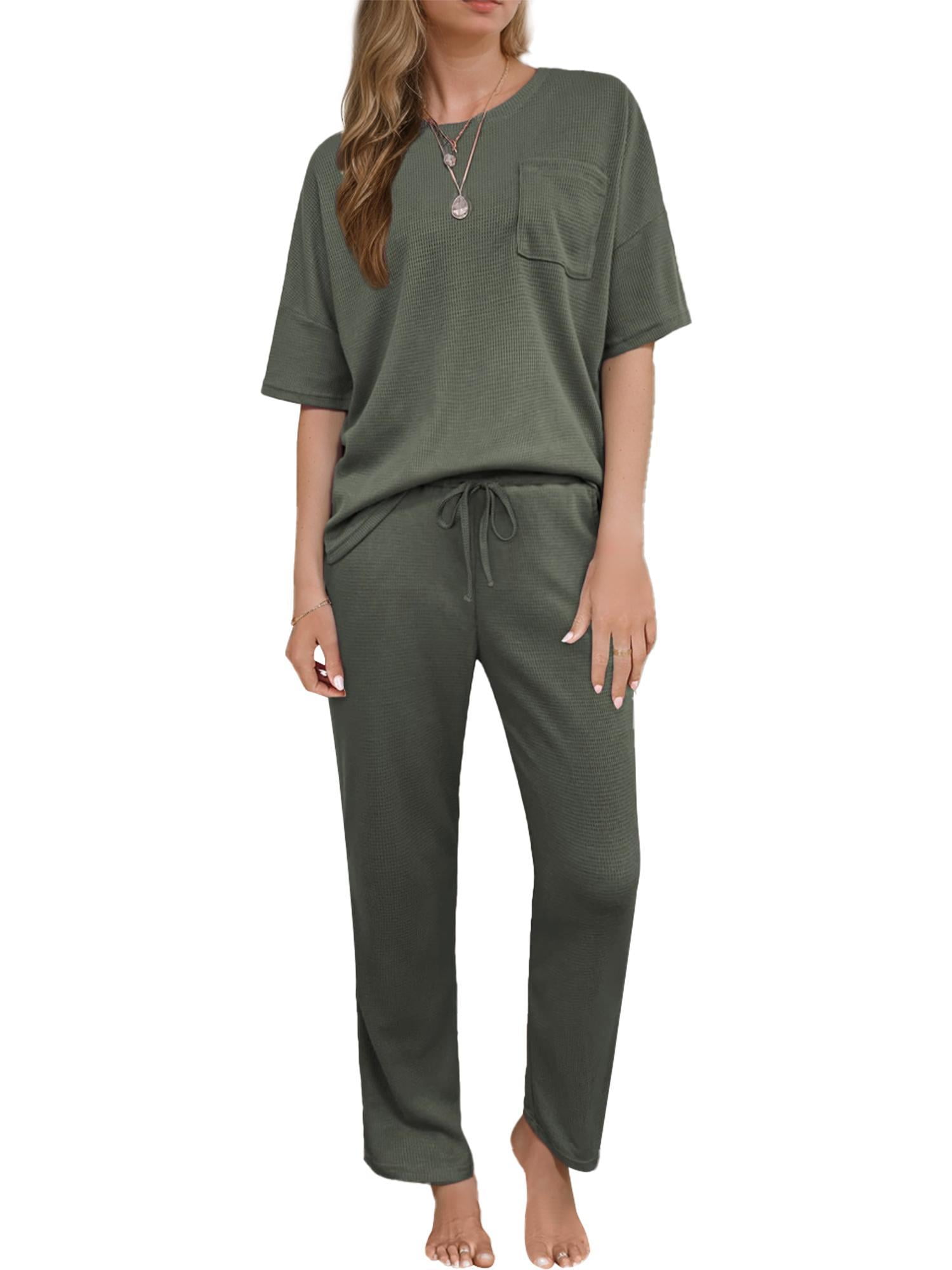 Weardear Women's Lounge Pajama Sets Waffle Short Sleeve Shirt with Long ...