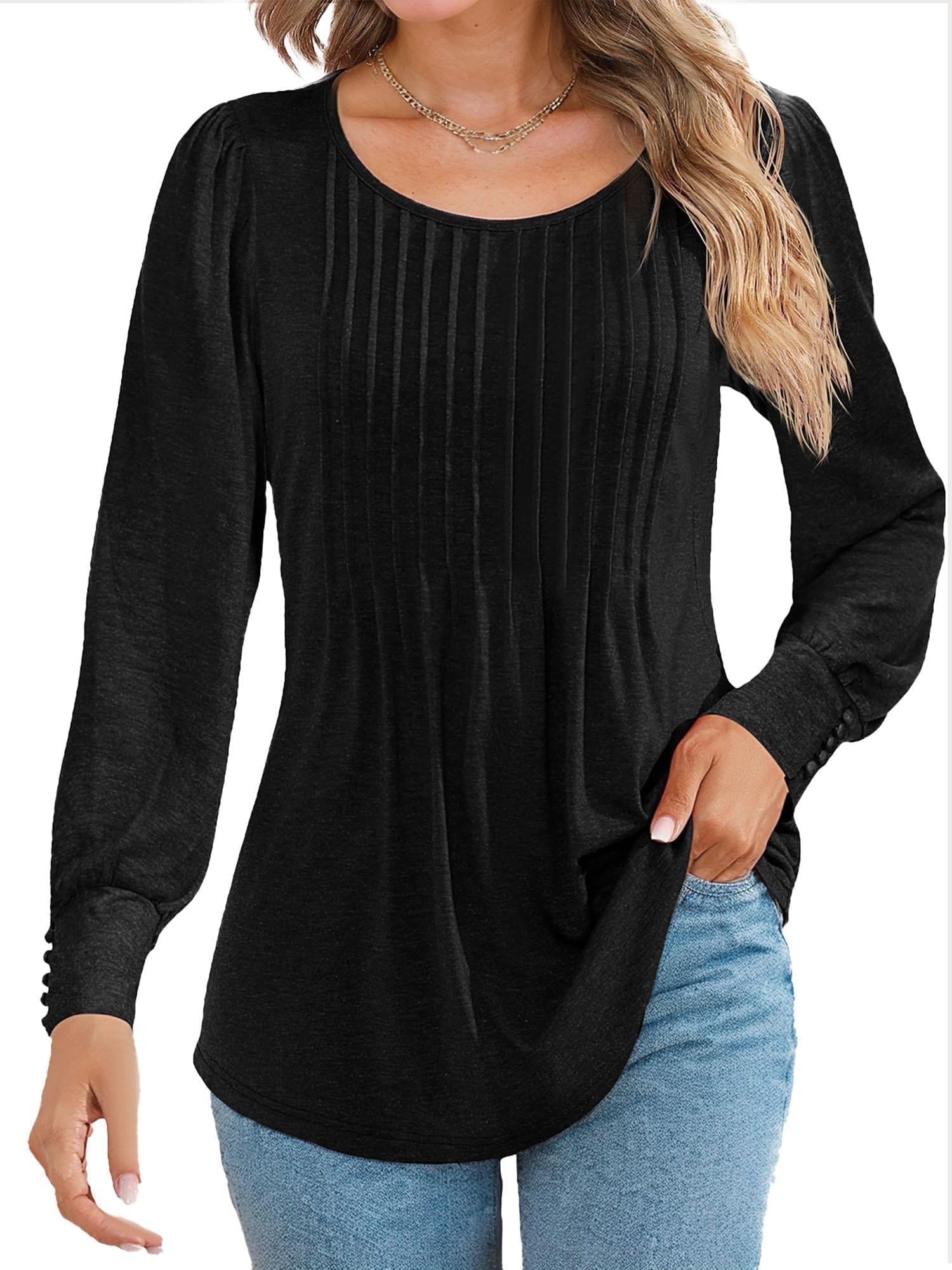 Weardear Women's Long Puff Sleeve Tunic Tops Pleated Crew Neck Blouses ...