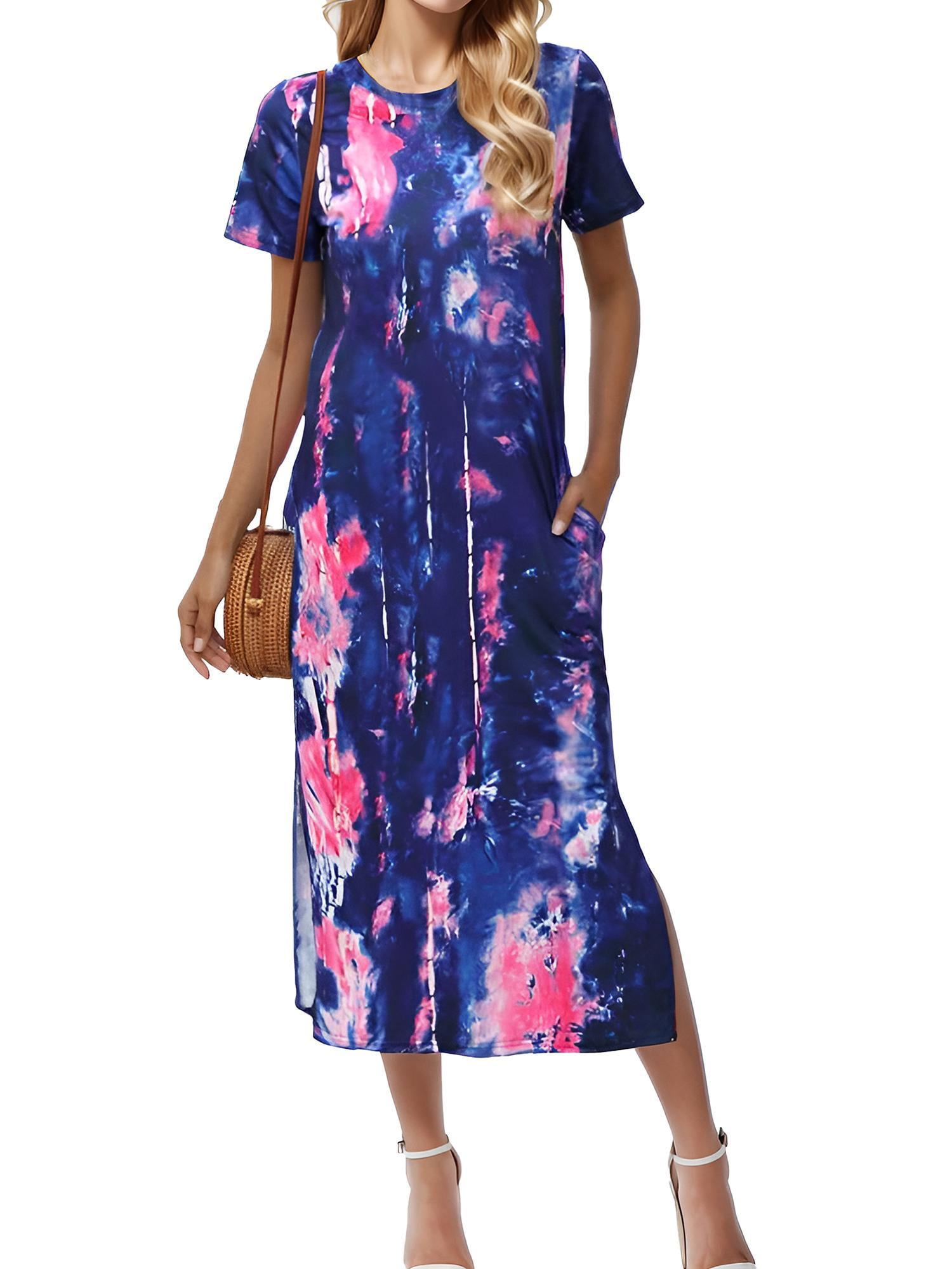 Weardear Women's Short Sleeve Split Maxi Dress Casual Plain Tie Dye ...