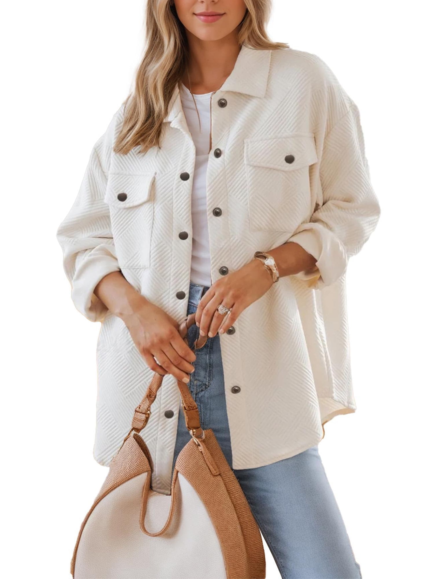 Weardear Women's Textured Flap Pocket Button Jacket Coat Long Sleeve ...