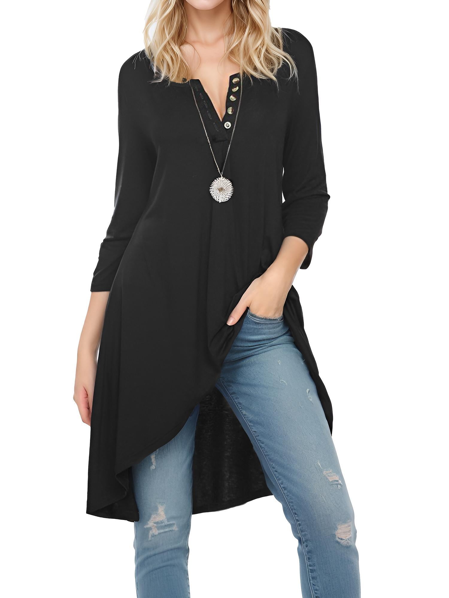Weardear Women's Tunic Tops Flowy High Low Blouse 3/4 Sleeve Button V ...