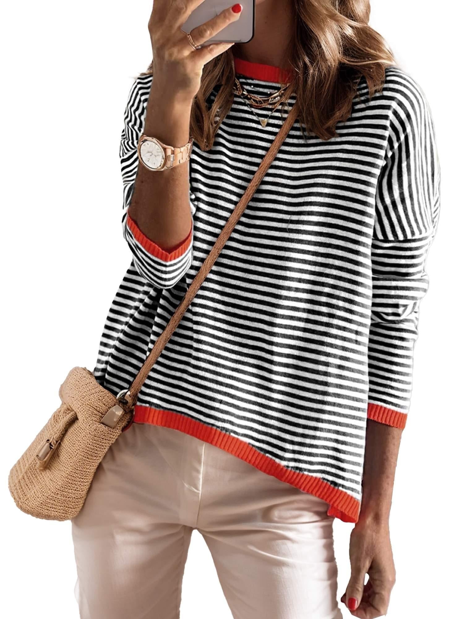 Weardear Womens 2025 Long Sleeve Sweaters Casual Crewneck Striped Color ...