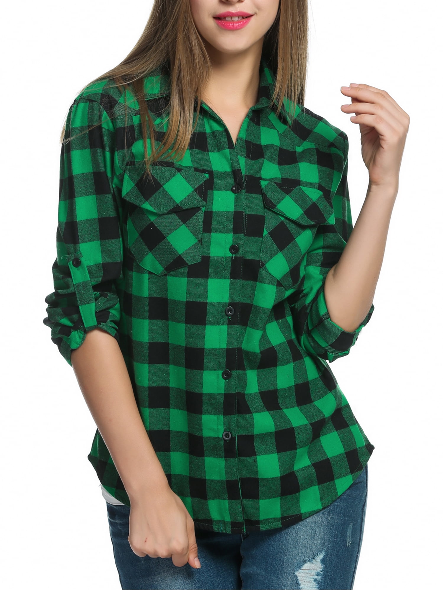 Weardear Womens Flannel Shirts Long/Roll Up Sleeve Collared Button Down ...